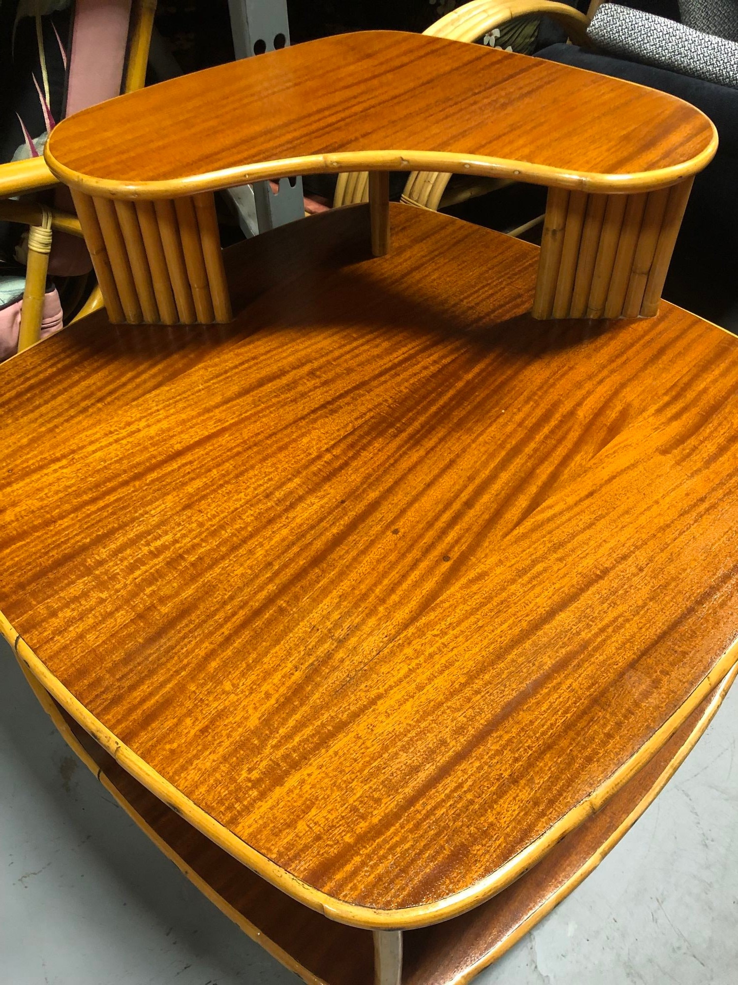 Restored Rattan 1940s Double Level Corner Table With Curly Koa Wood Top ...