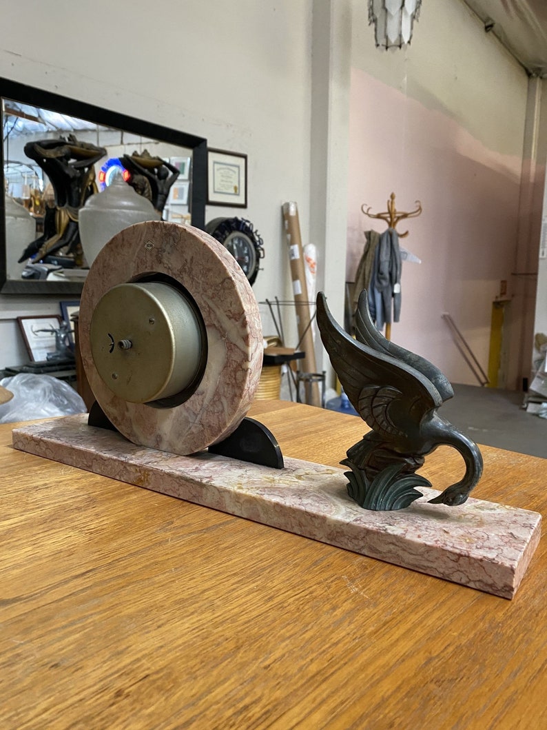 French Art Deco UCRA Bronze Swan Marble Mantle Garniture Clock Set by ...