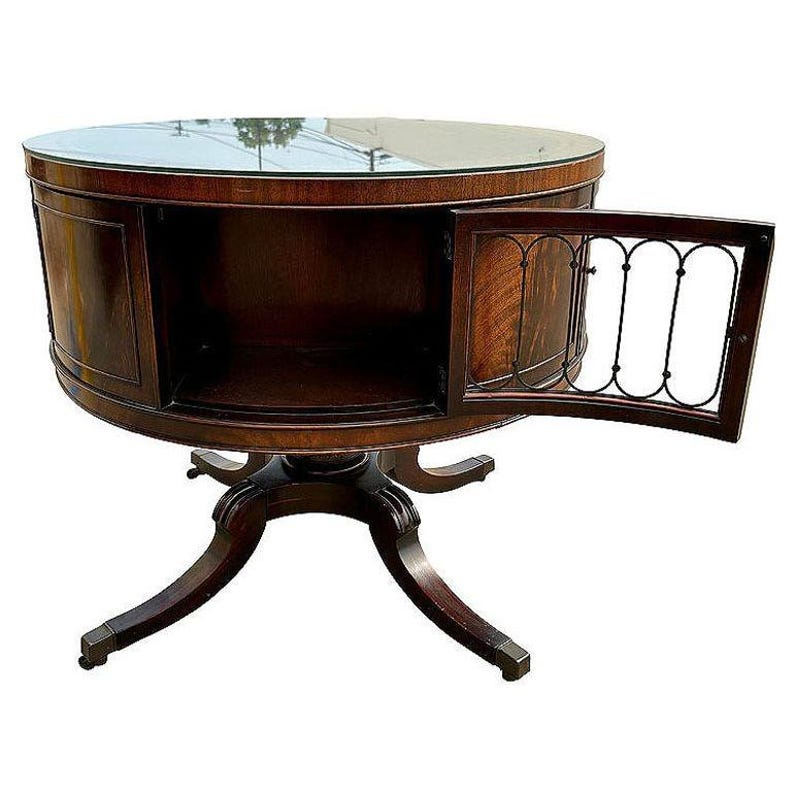 Mahogany & Brass Round Drum Coffee Table W/ Inlaid Leather by Weiman ...