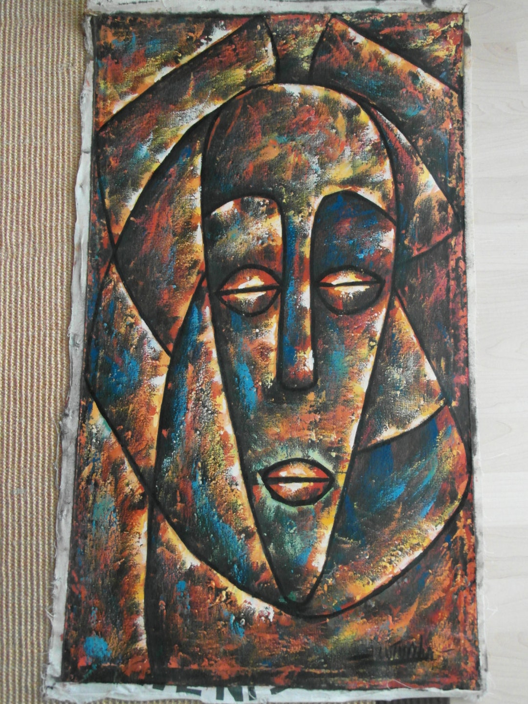 Oil Painting From ZAIRE Art 1990s MASK Rainbow Colors Hand Painting on ...