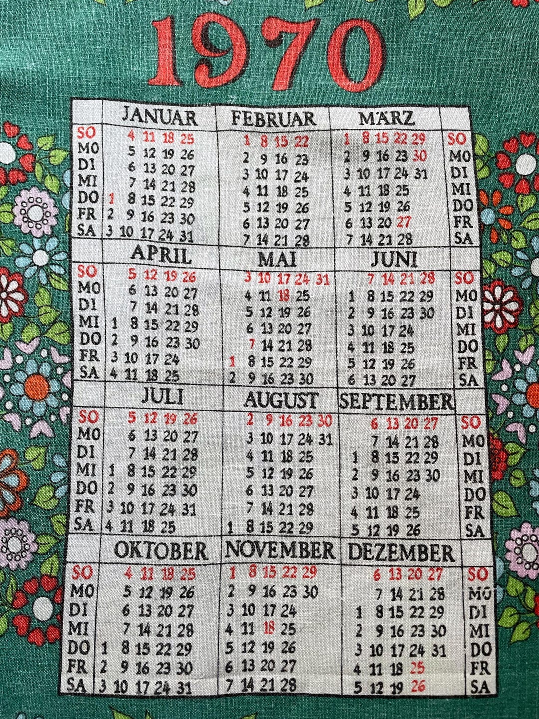 1970 German Vintage Linen Calendar - Vintage Wall Hanging - 1970 ...