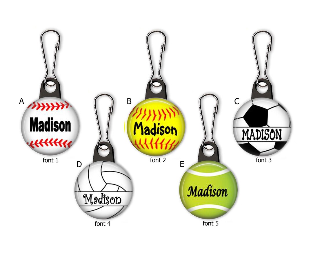 Sports Balls Personalized Zipper Pull Charms - Baseball, Softball ...