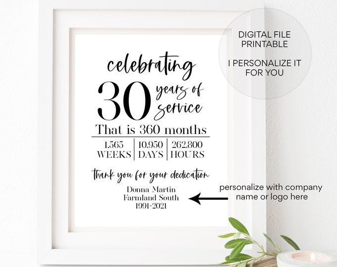 Work Anniversary Printable, Work Anniversary Years of Service Sign ...