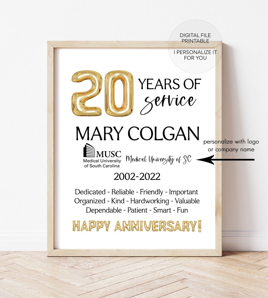 Work Anniversary Printable, Work Anniversary Years of Service Sign ...
