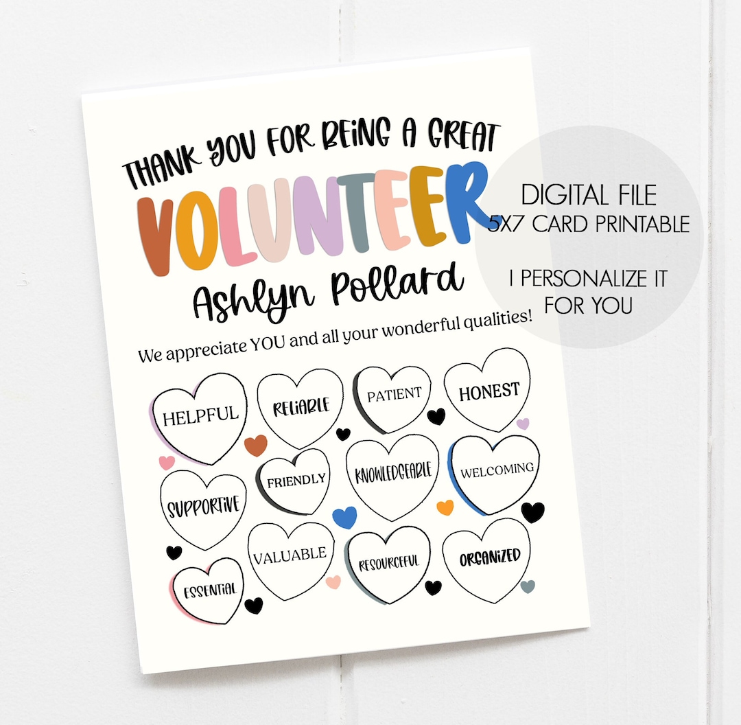 Volunteer Thank You Card, Appreciation Card, Volunteer Personalized ...