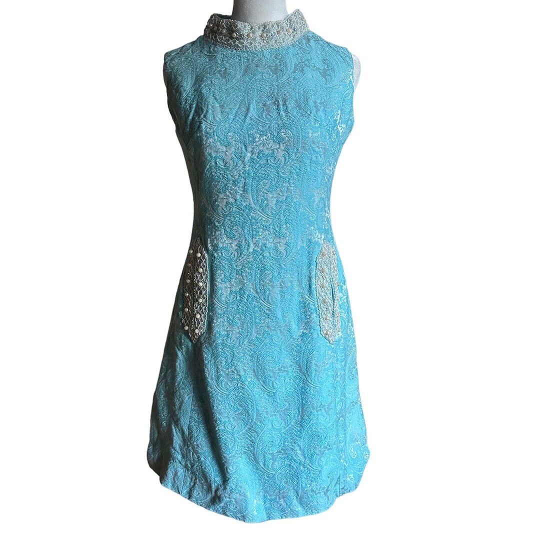 1960s VINTAGE Ice Blue Brocade Jeweled Detail Mod Minidress Approx Size ...