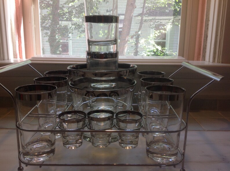 Mid-century Modern Bar Caddy Set - 17 Pieces - Mercury Glass - MCM Bar ...