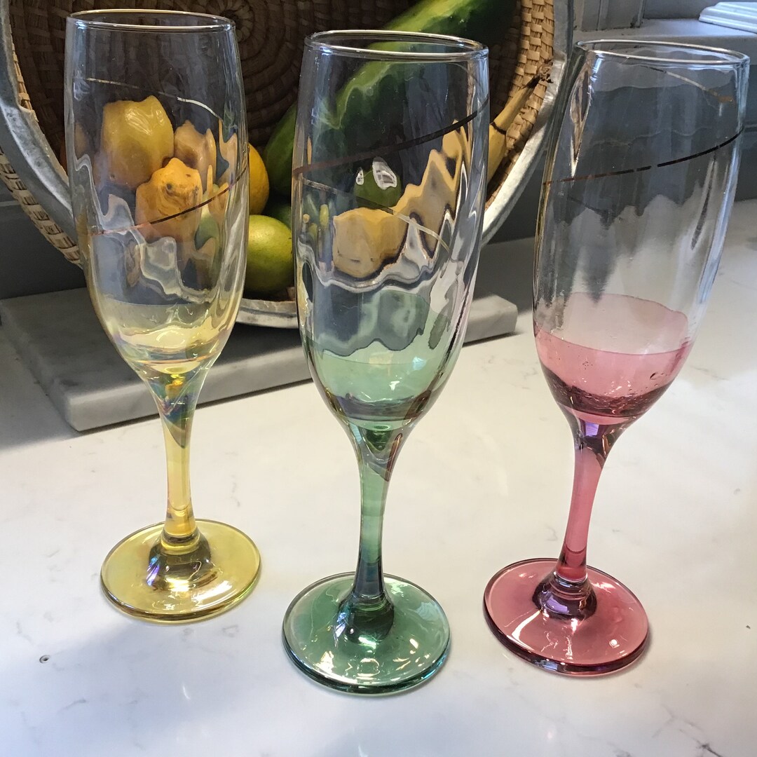 Vintage Colorful Champagne Flutes With 22K Gold Swirl - Set of 3 - Pink ...