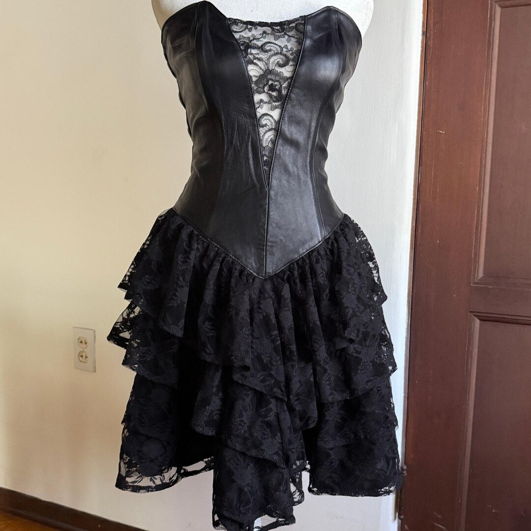 80s Vintage FIRENZE | Black Leather and Lace Corset Basque Waist Dress ...