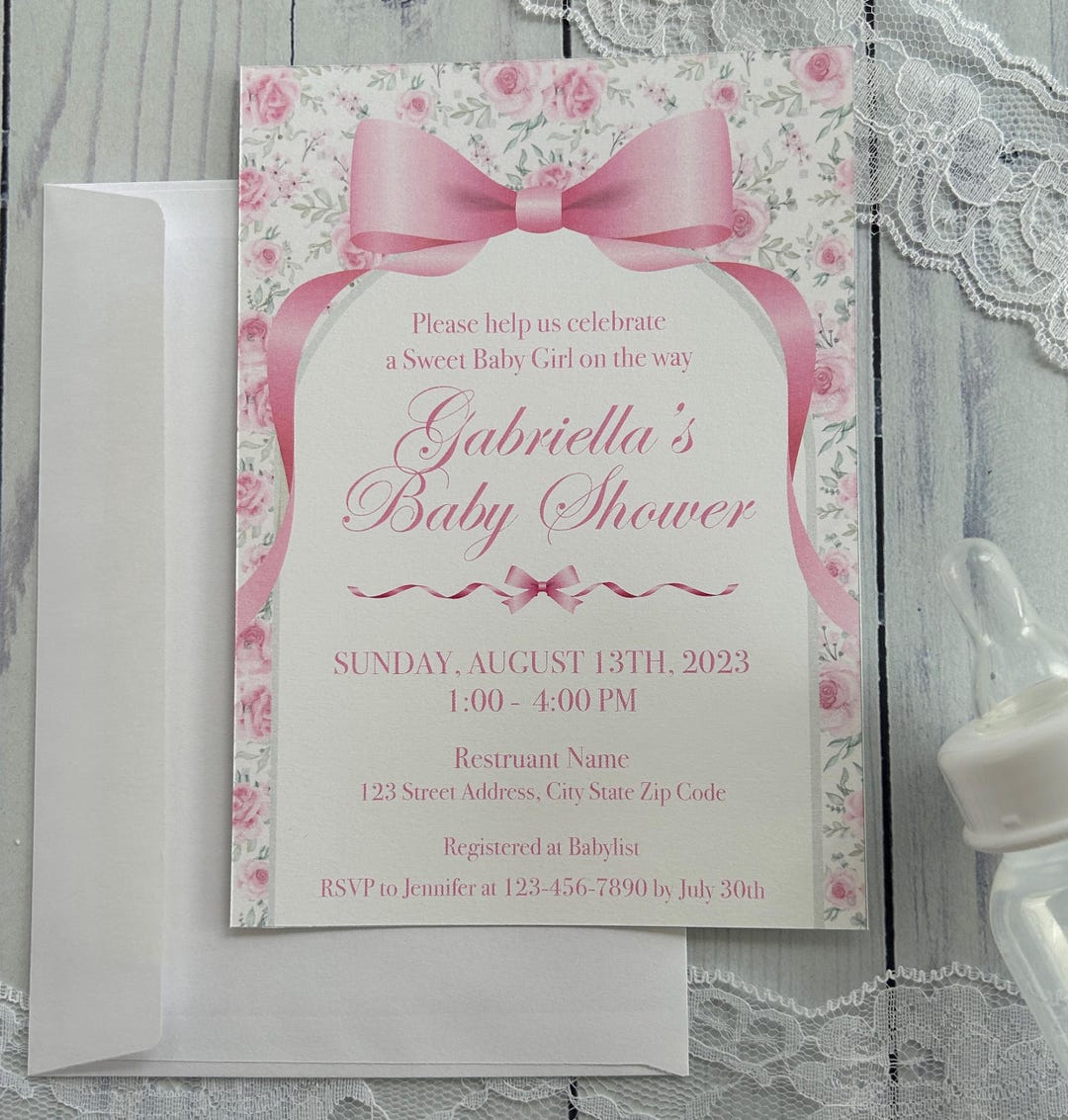 Ribbons, Bows and Tiny Toes- Pink Flower & Bow Invitations: Customized ...