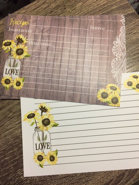 Sunflower Recipe Cards 5x7 Inches Recipe Box Refill - Etsy