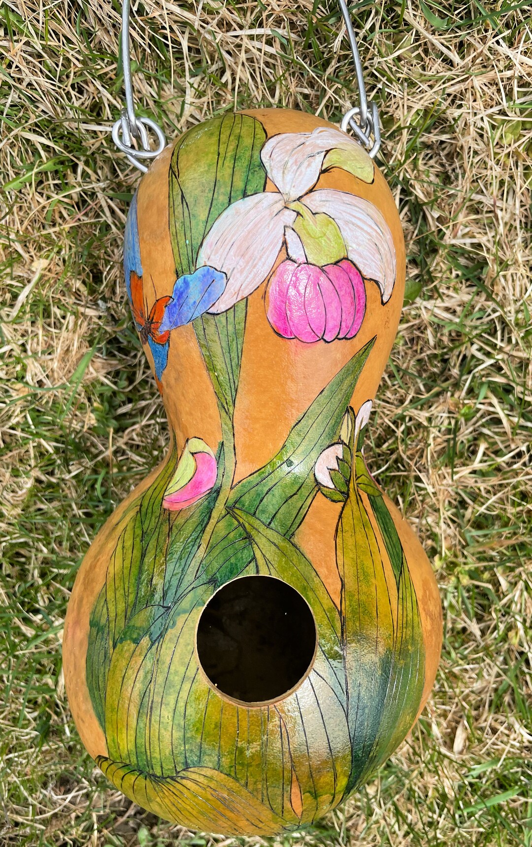 Birdhouse Gourd With Lady Slipper Floral Design Perfect Gift for the ...