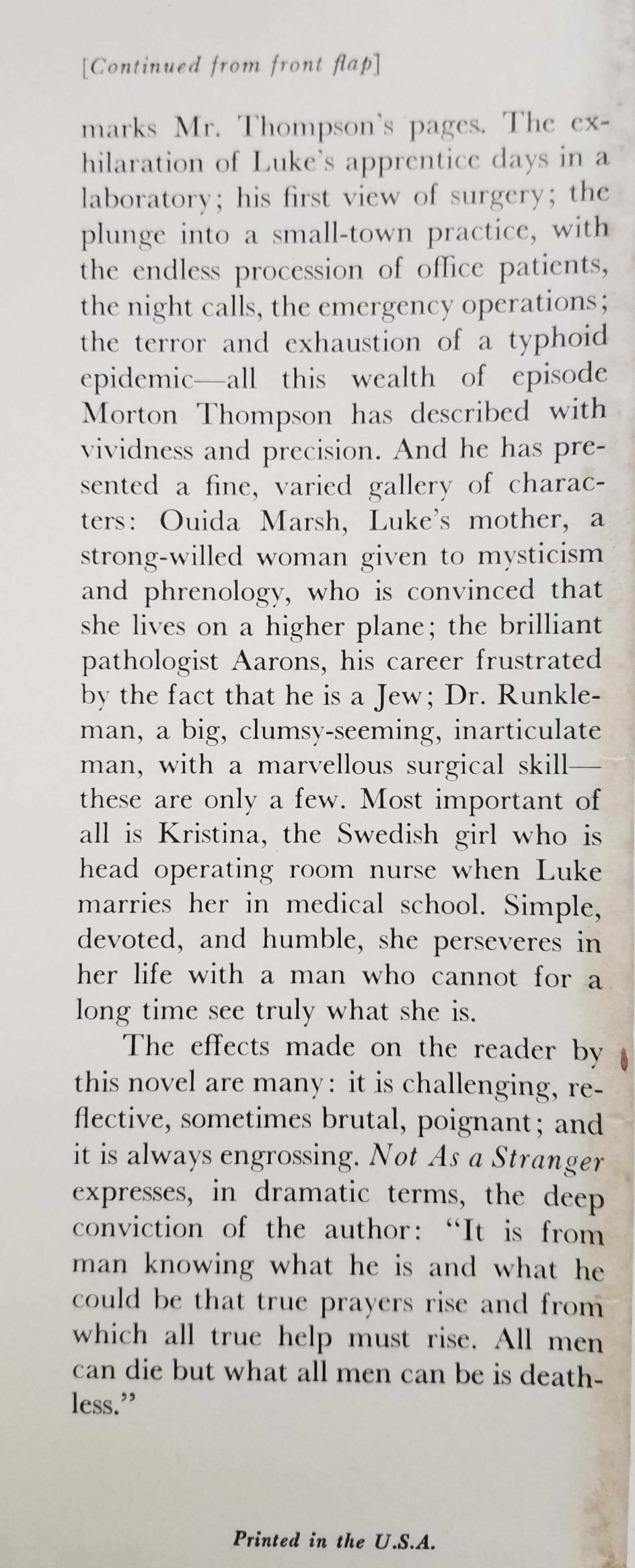 Not as a Stranger - Morton Thompson, First Edition, Doctor, Lucas Marsh ...