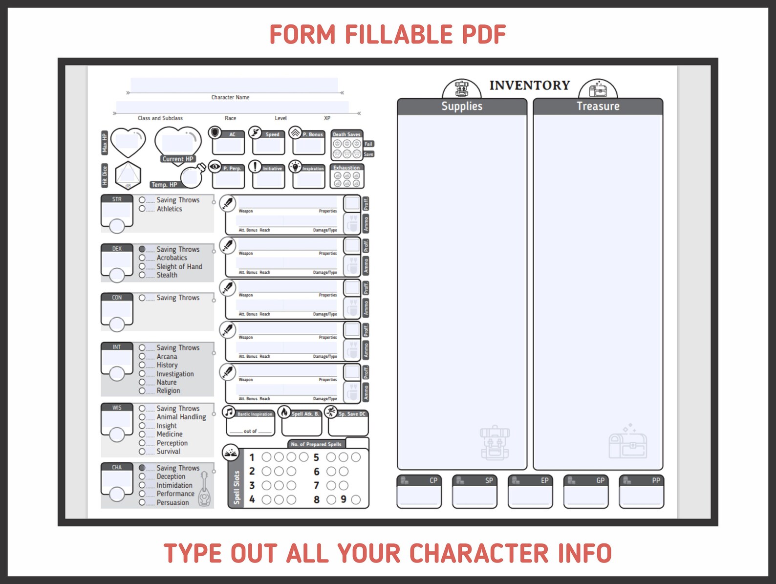 BARD CHARACTER SHEET for Dnd 5e Form Fillable Pdf Dungeons | Etsy UK