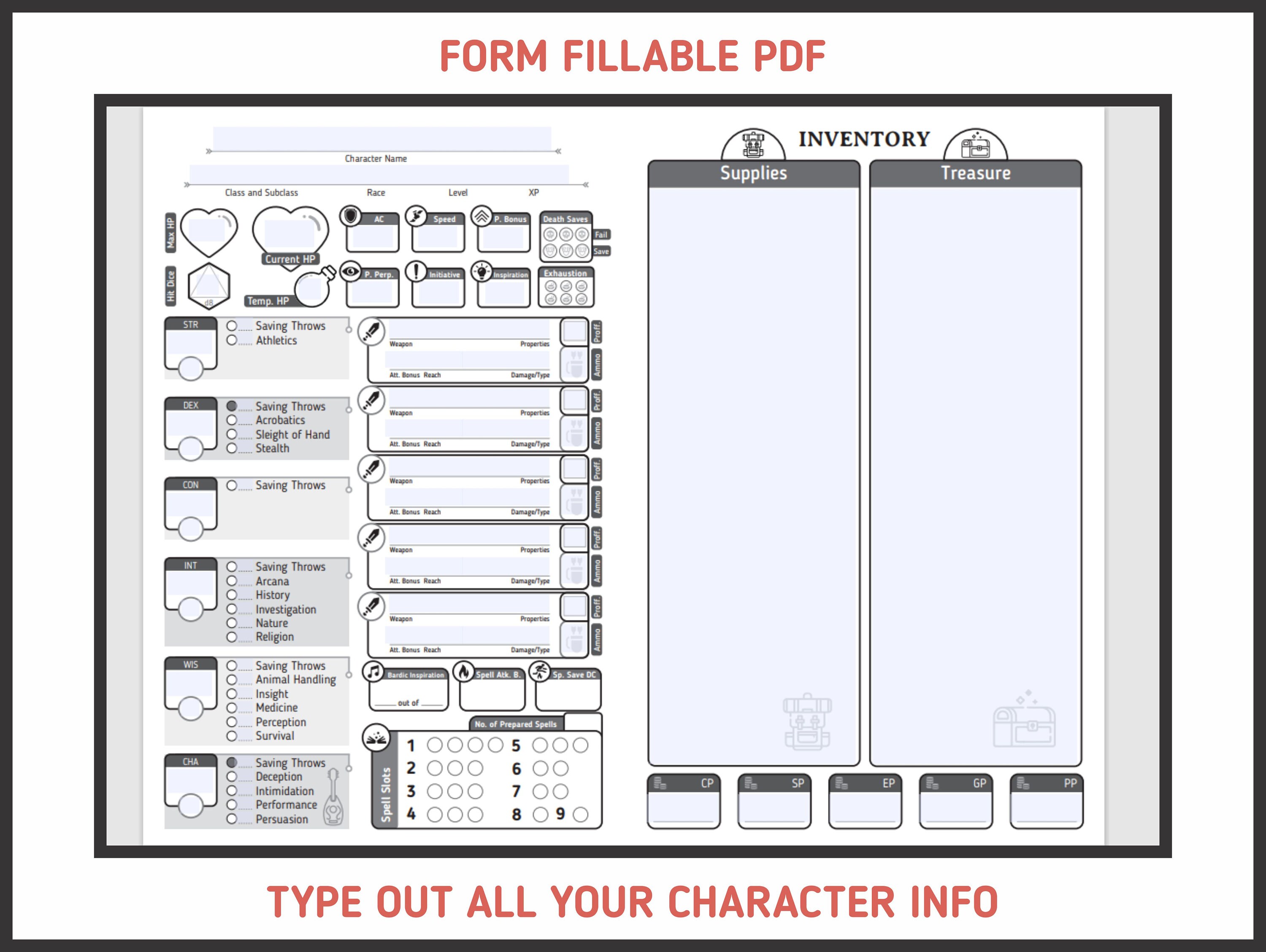 BARD CHARACTER SHEET for DnD 5e | Form Fillable Pdf | Dungeons and ...