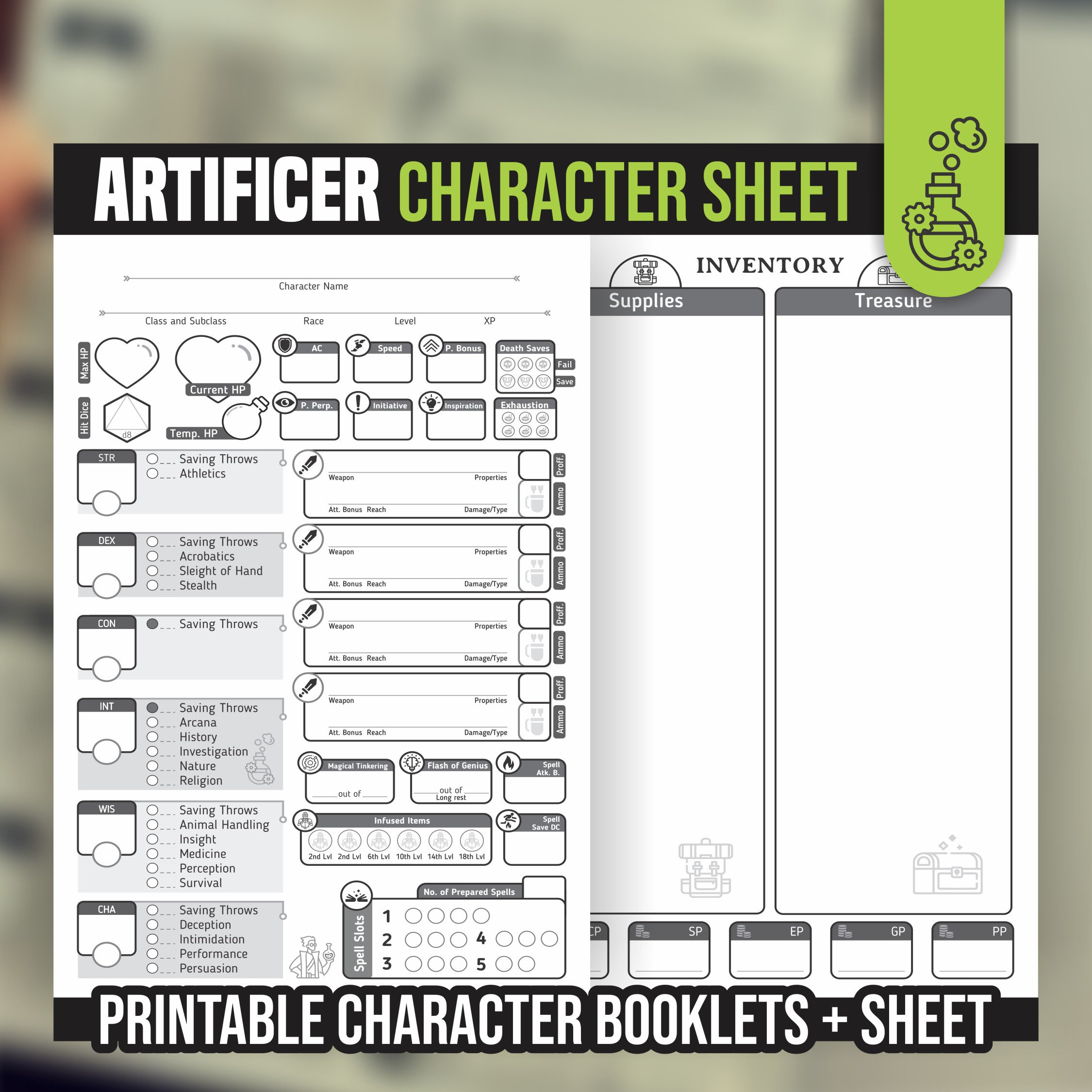 ARTIFICER CHARACTER SHEET for DnD 5e | Form Fillable Pdf | Dungeons and ...