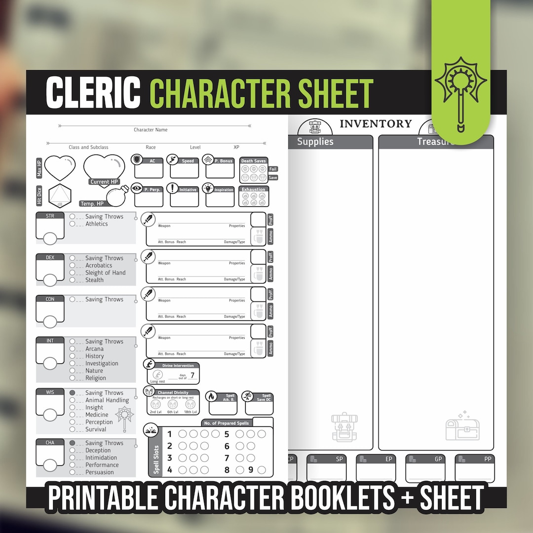 Cleric Character Sheet: D&D 5e Form Fillable PDF, Printable Character ...