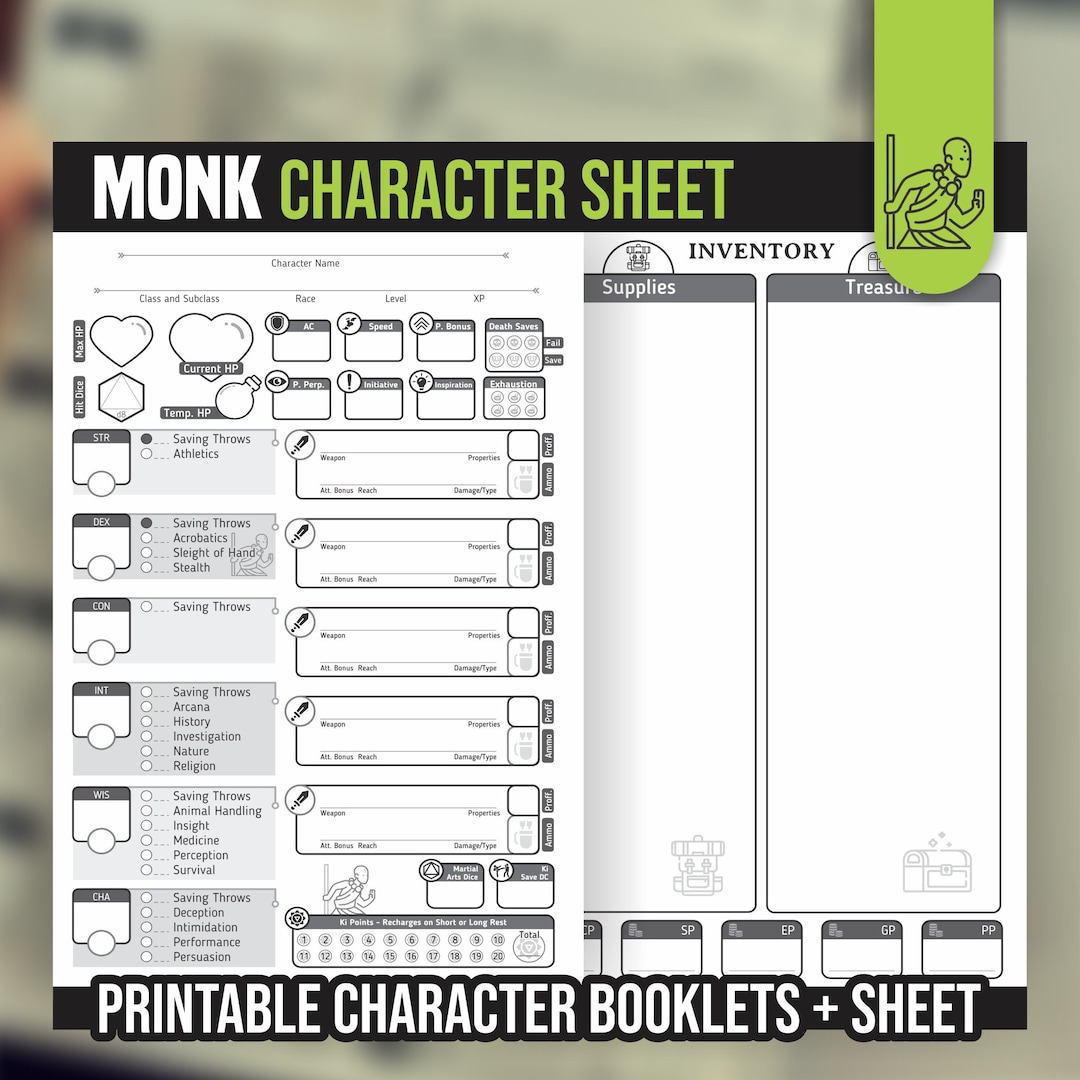 MONK CHARACTER SHEET for Dnd 5e | Form Fillable Pdf | Dungeons and ...