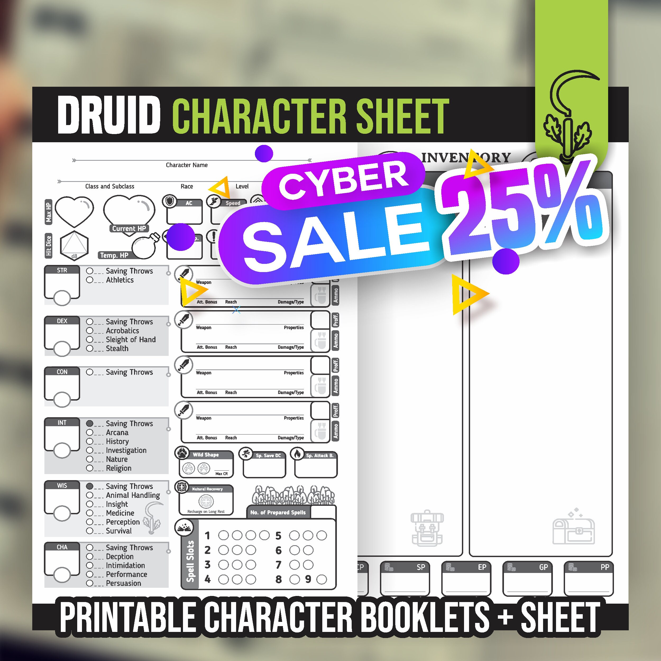 DRUID CHARACTER SHEET for DnD 5e | Form Fillable Pdf | Dungeons and ...