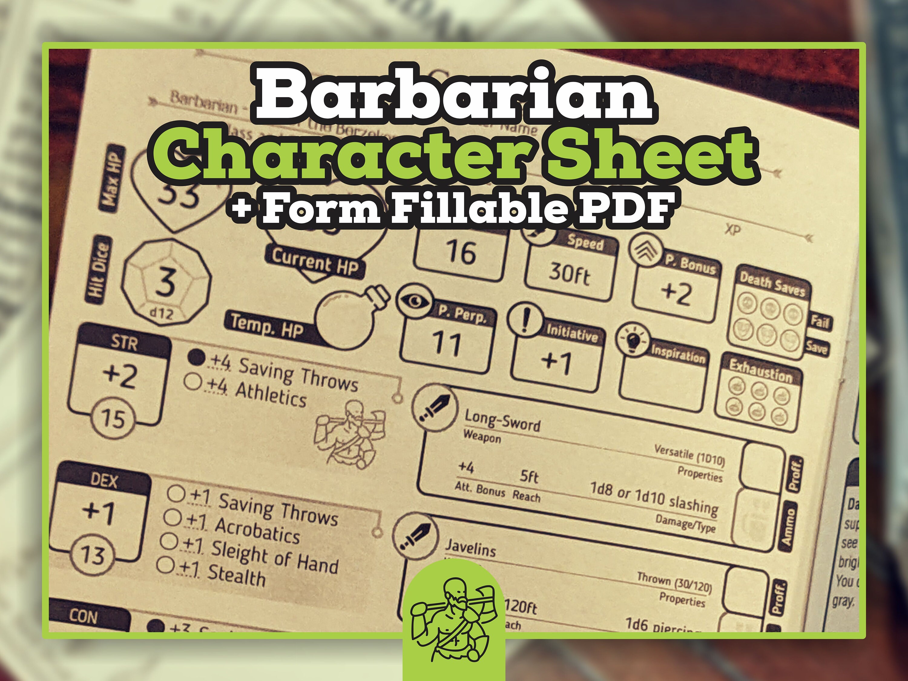 BARBARIAN CHARACTER SHEET for DnD 5e | Form Fillable Pdf | Dungeons and ...