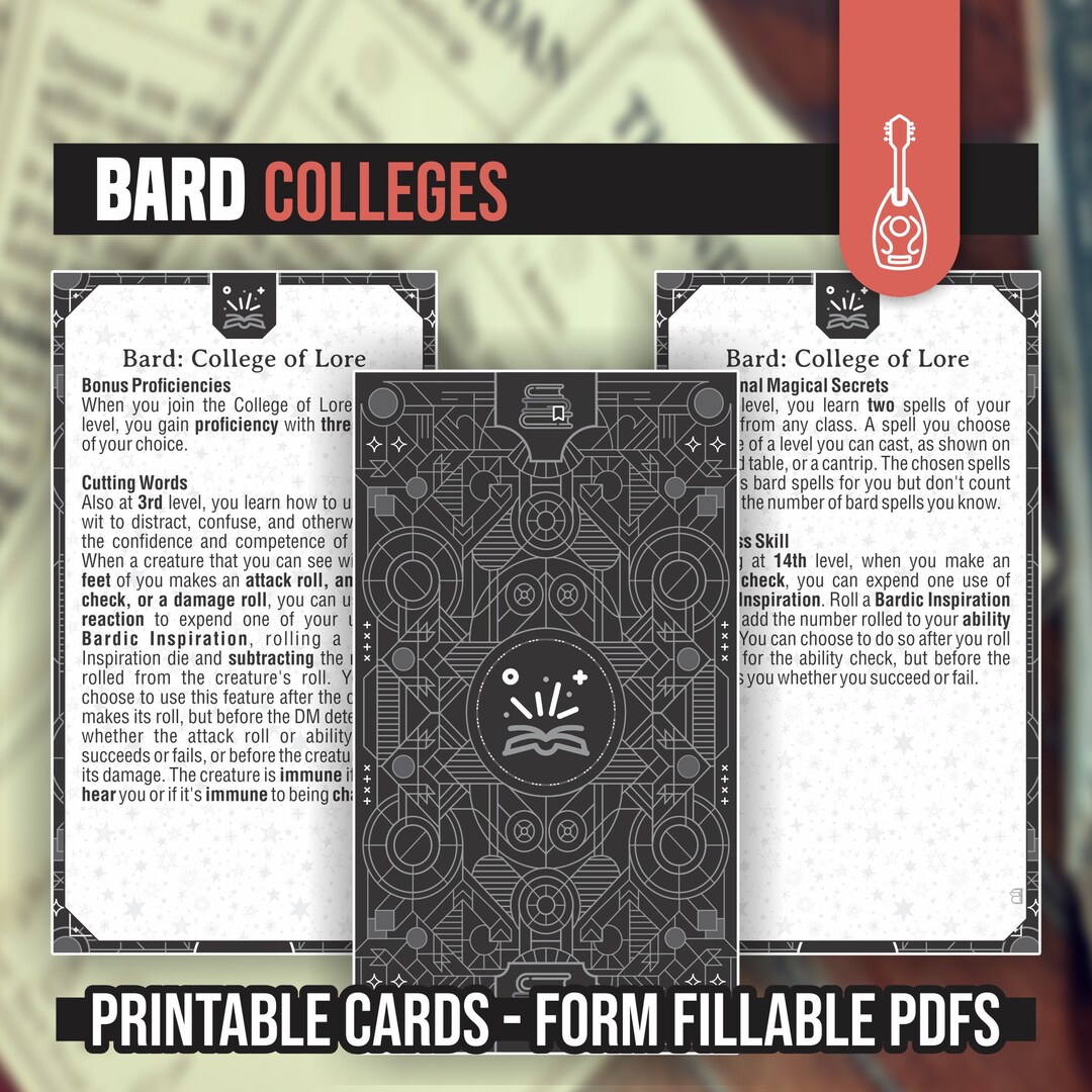 BARDIC COLLEGE CARDS for Dnd 5e | Form Fillable Pdfs Included ...