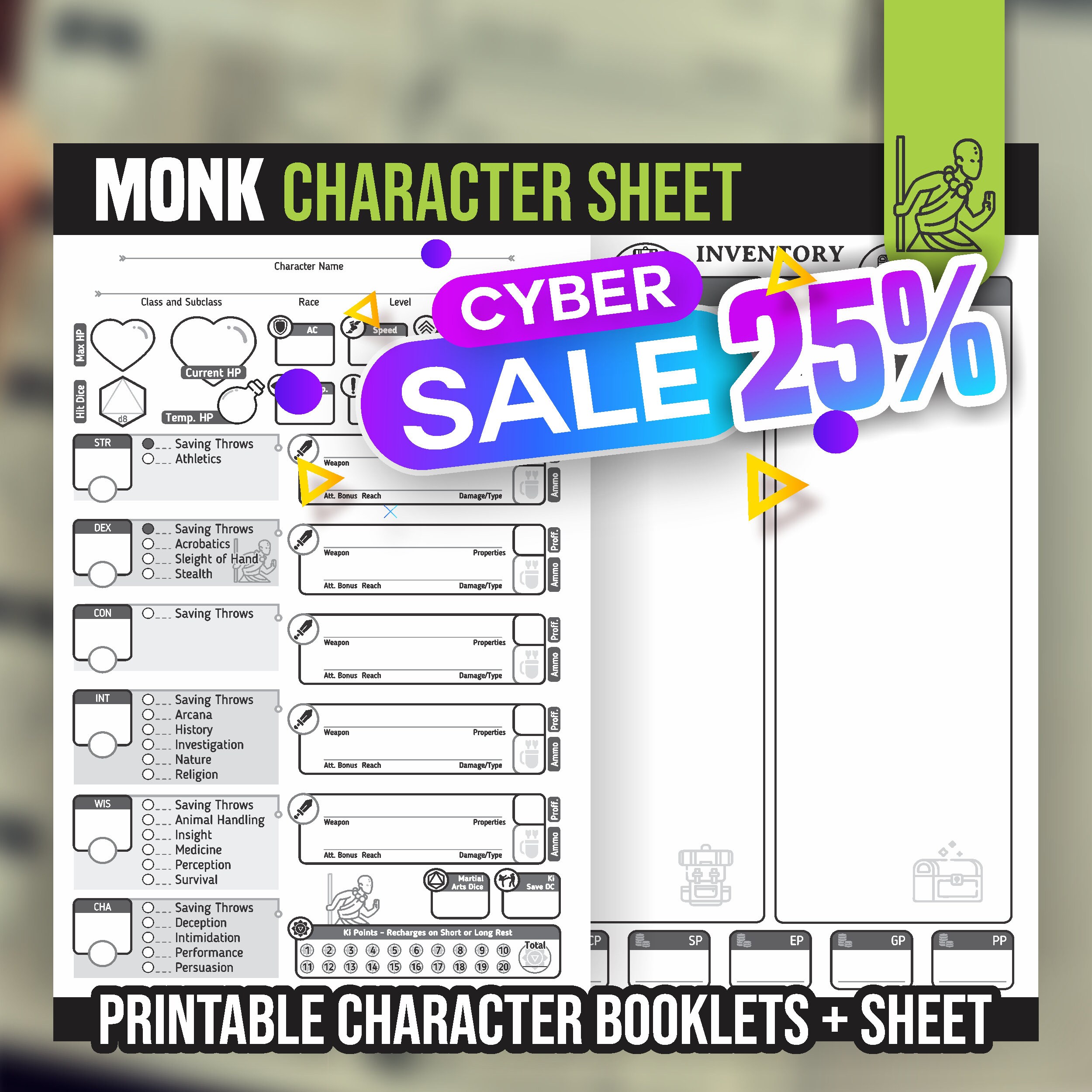 MONK CHARACTER SHEET for DnD 5e | Form Fillable Pdf | Dungeons and ...