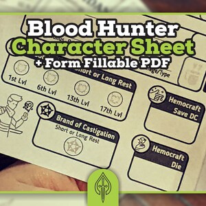 Blood Hunter CHARACTER SHEET for Dnd 5e Form Fillable PDF | Etsy Israel