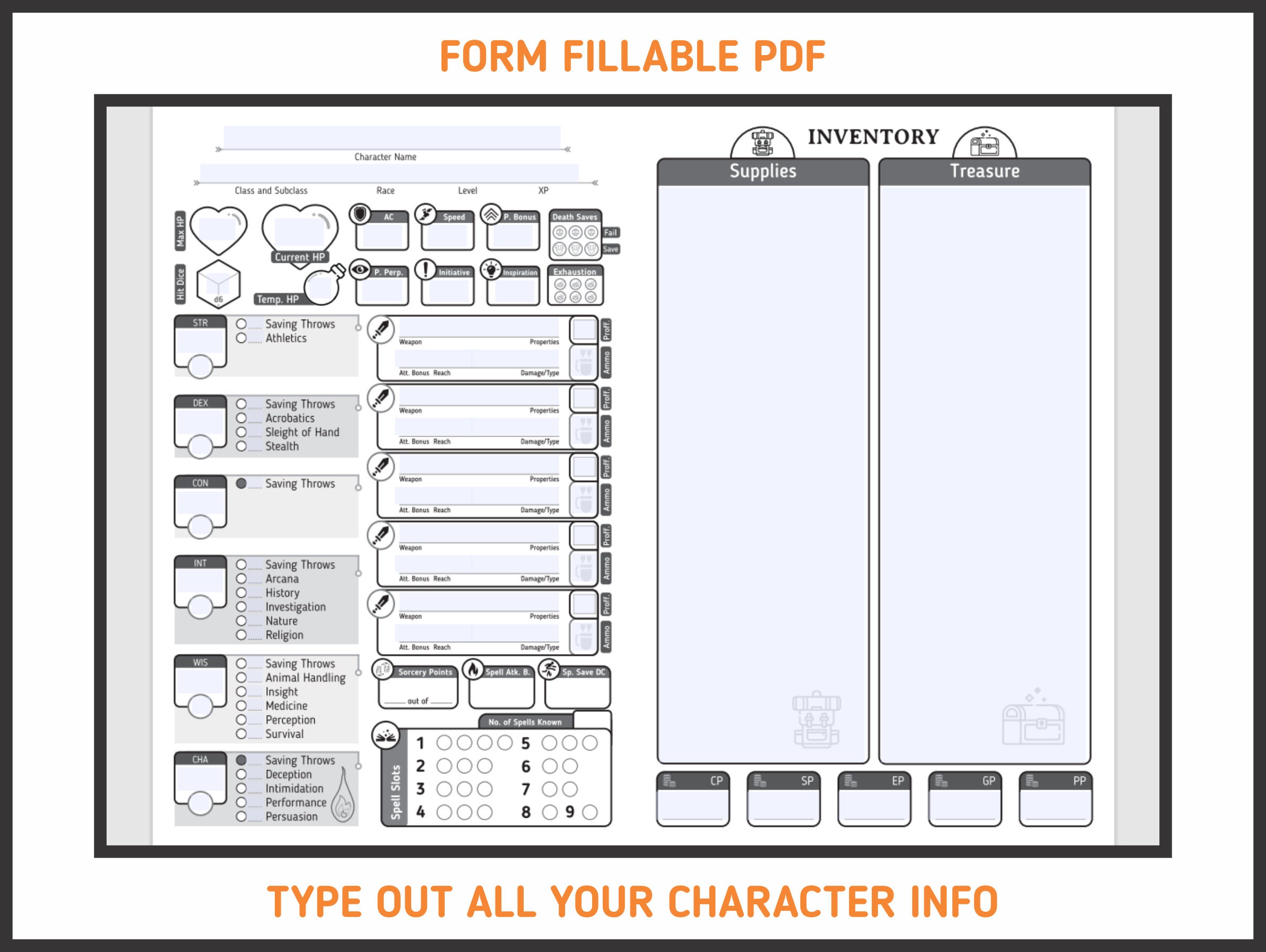 SORCERER CHARACTER SHEET for DnD 5e | Form Fillable Pdf | Dungeons and ...