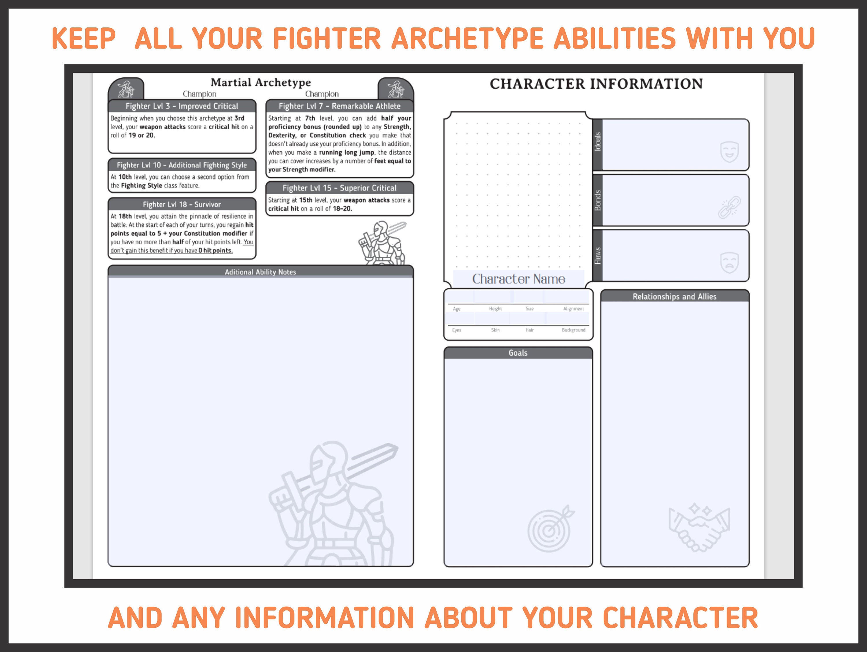 FIGHTER CHARACTER SHEET for DnD 5e | Form Fillable Pdf | Dungeons and ...