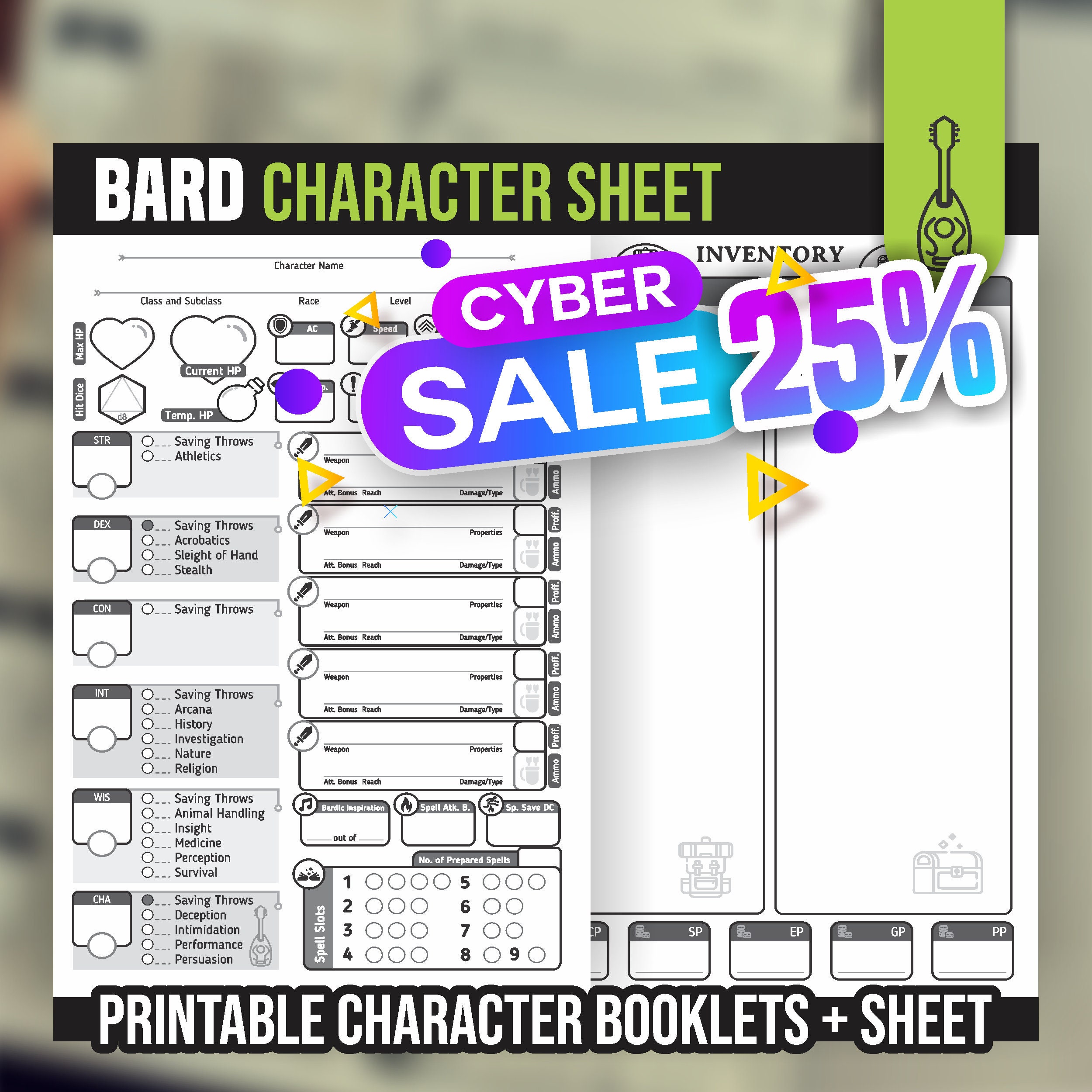 BARD CHARACTER SHEET for DnD 5e | Form Fillable Pdf | Dungeons and ...