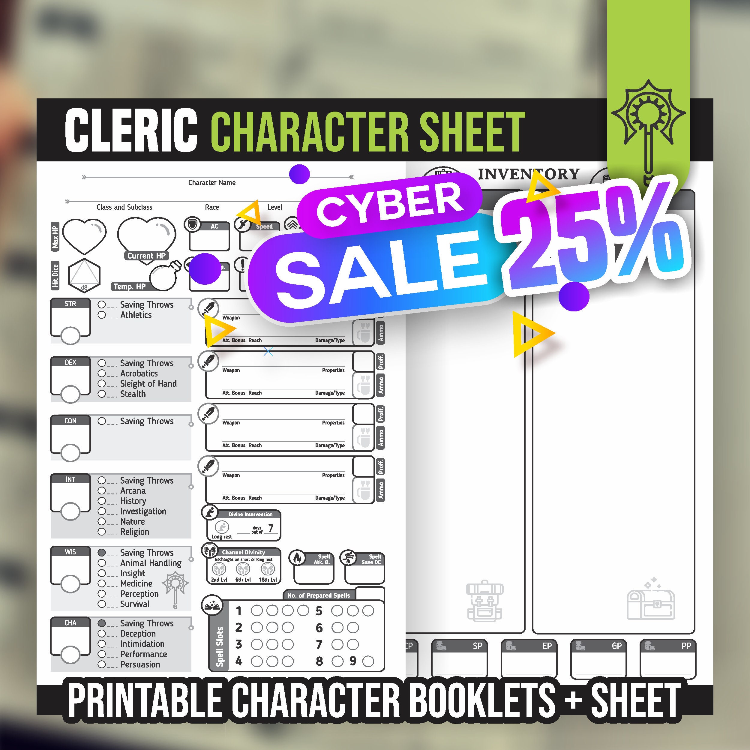 CLERIC CHARACTER SHEET for DnD 5e | Form Fillable Pdf | Dungeons and ...