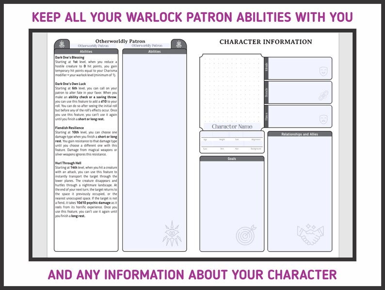 WARLOCK CHARACTER SHEET for Dnd 5e Form Fillable Pdf - Etsy Canada