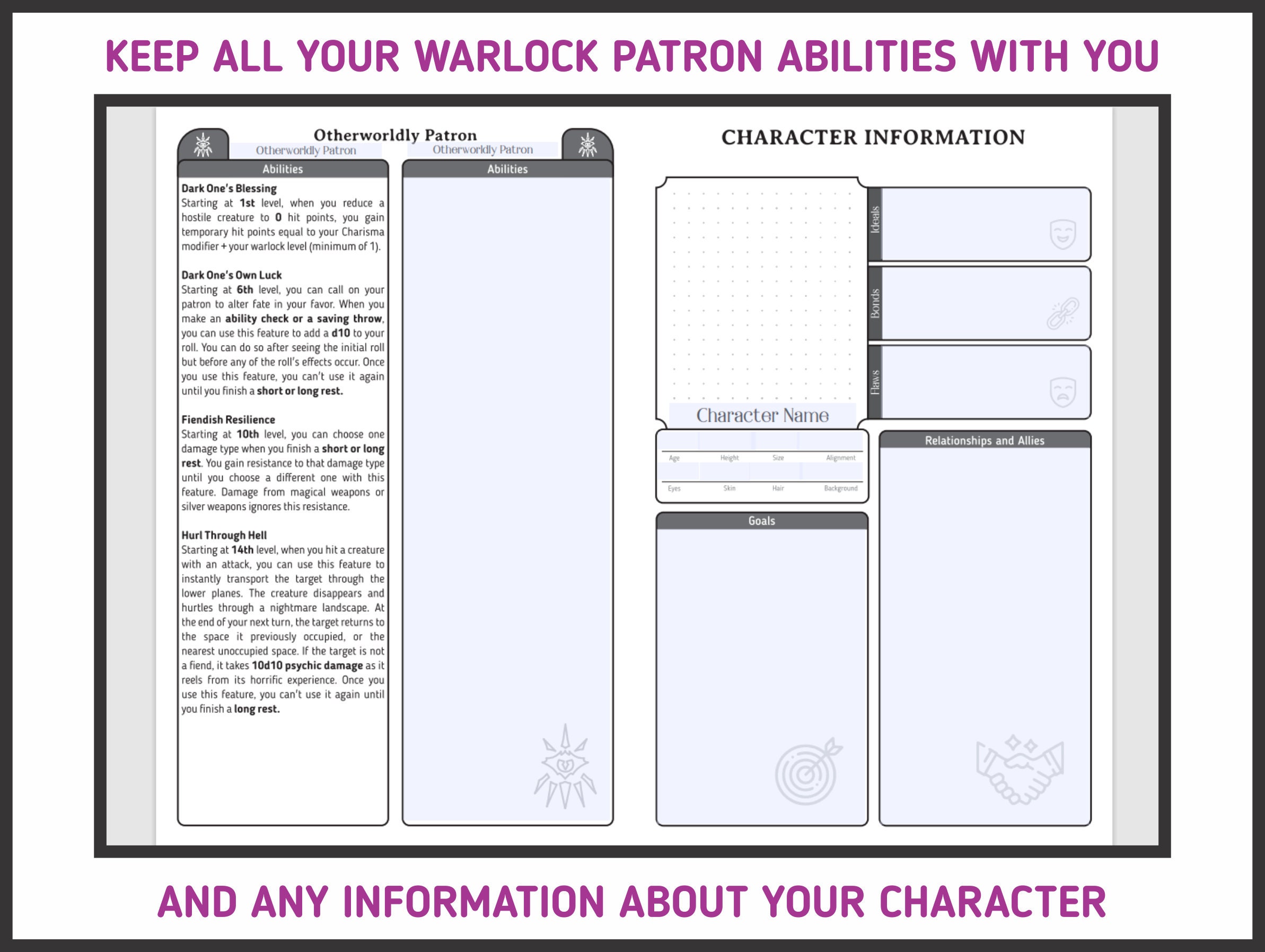 WARLOCK CHARACTER SHEET for DnD 5e | Form Fillable Pdf | Dungeons and Dragons | Printable ...