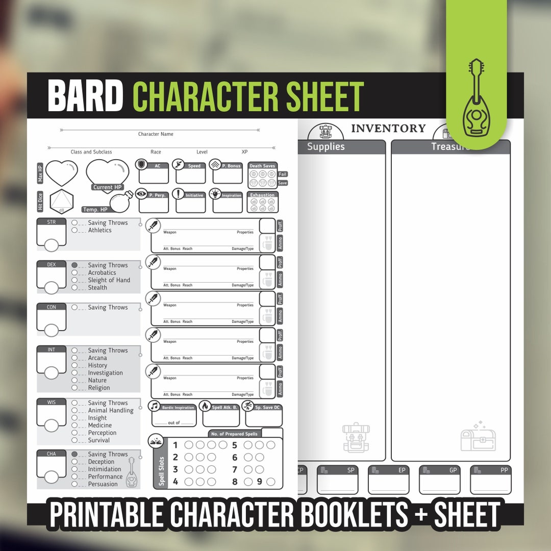 BARD CHARACTER SHEET for Dnd 5e | Form Fillable Pdf | Dungeons and ...