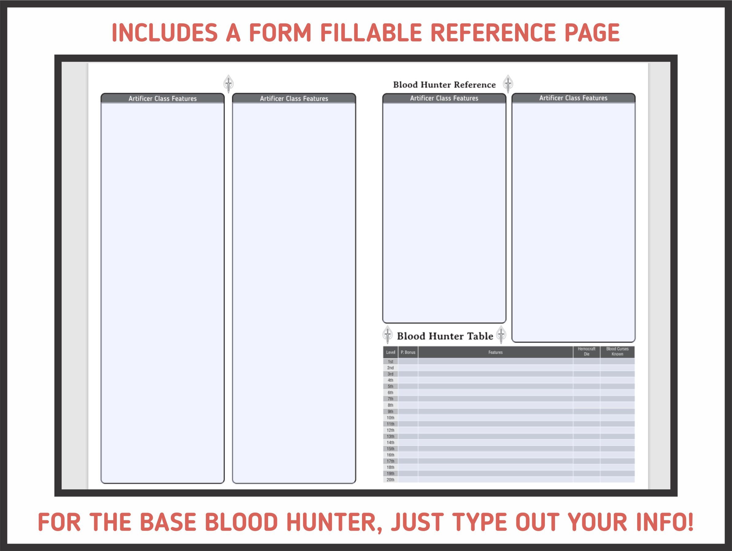 Blood Hunter CHARACTER SHEET for Dnd 5e Form Fillable PDF | Etsy UK