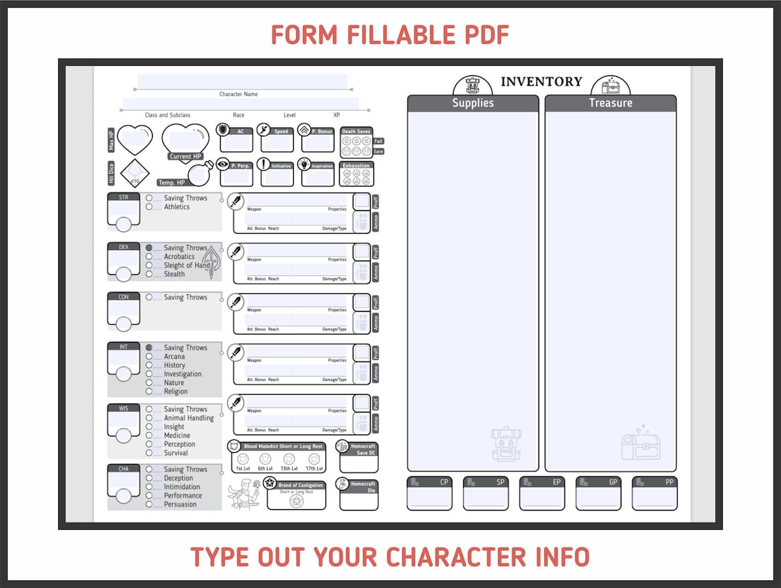Blood Hunter CHARACTER SHEET for Dnd 5e Form Fillable PDF - Etsy