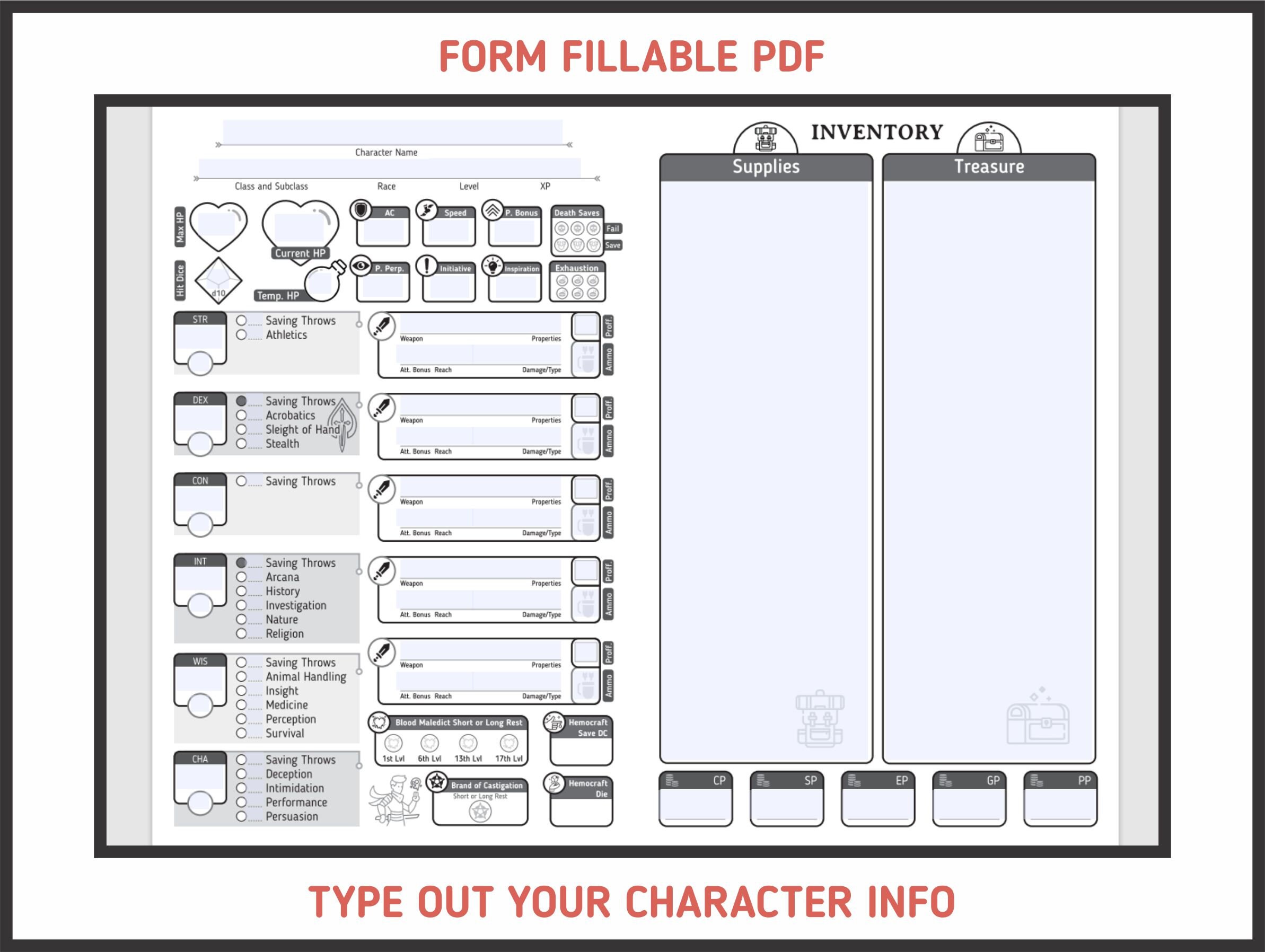 Blood Hunter CHARACTER SHEET for Dnd 5e Form Fillable PDF | Etsy UK