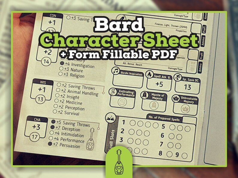 BARD CHARACTER SHEET for Dnd 5e Form Fillable Pdf Dungeons | Etsy UK