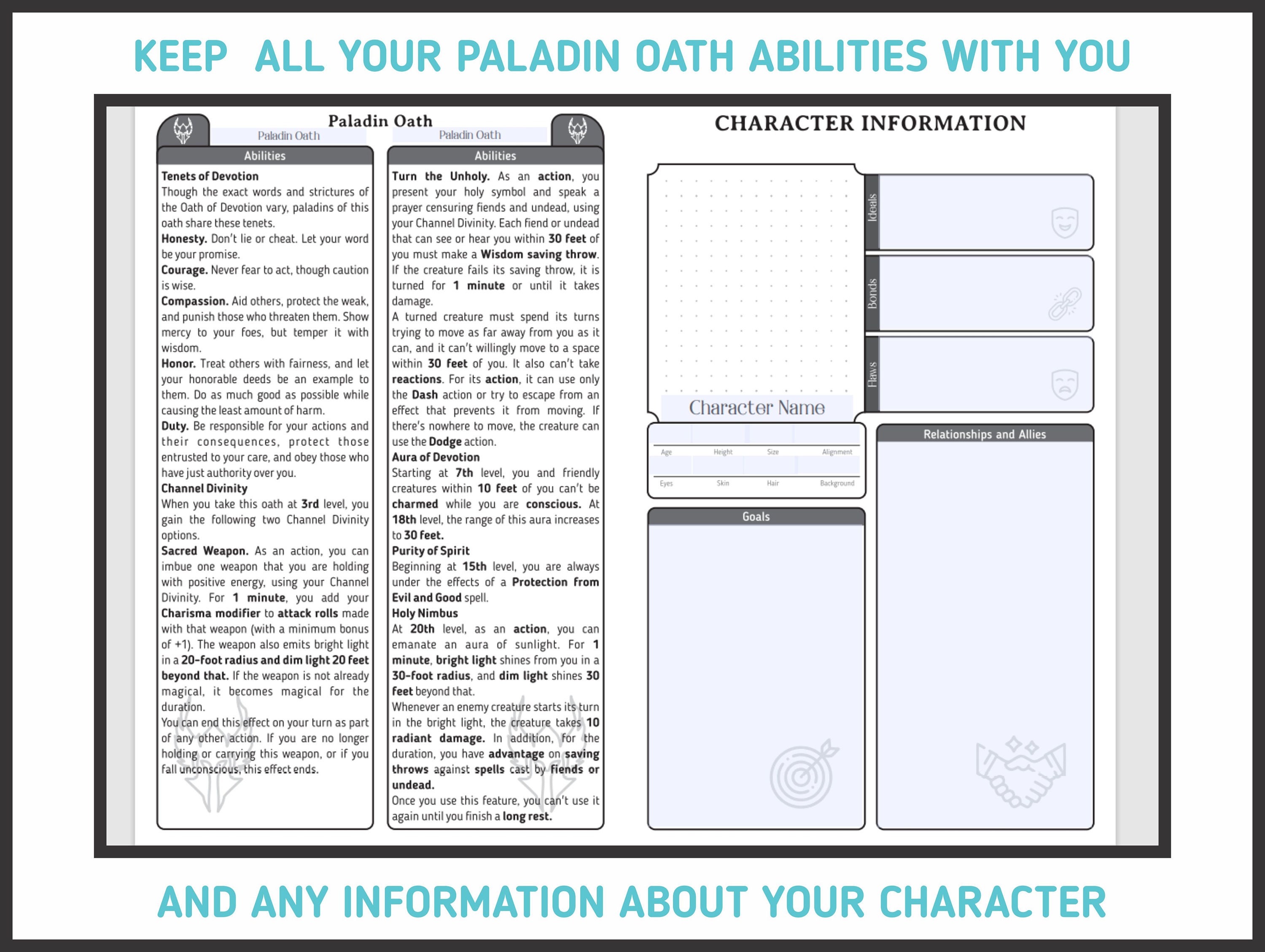 PALADIN CHARACTER SHEET for DnD 5e | Form Fillable Pdf | Dungeons and ...