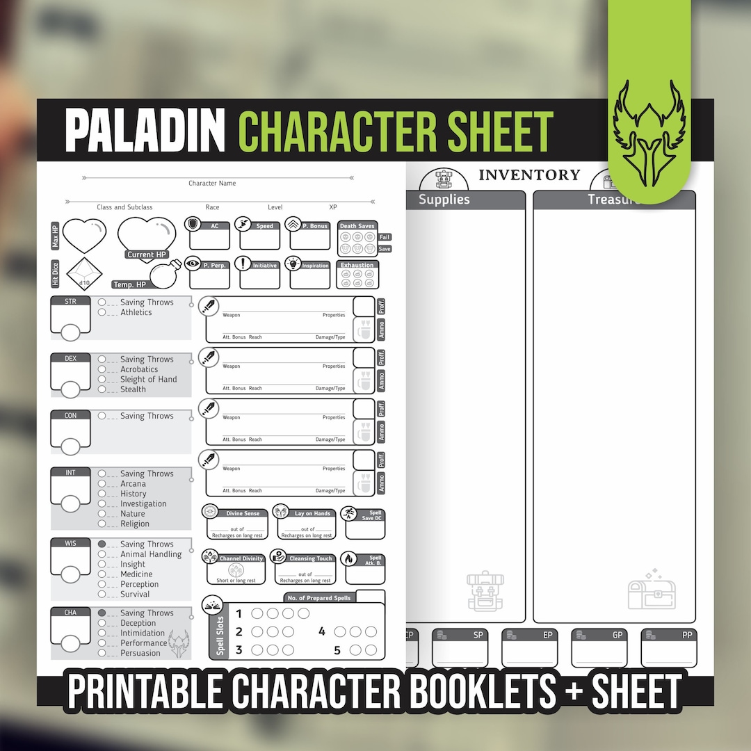 PALADIN CHARACTER SHEET for Dnd 5e | Form Fillable Pdf | Dungeons and ...