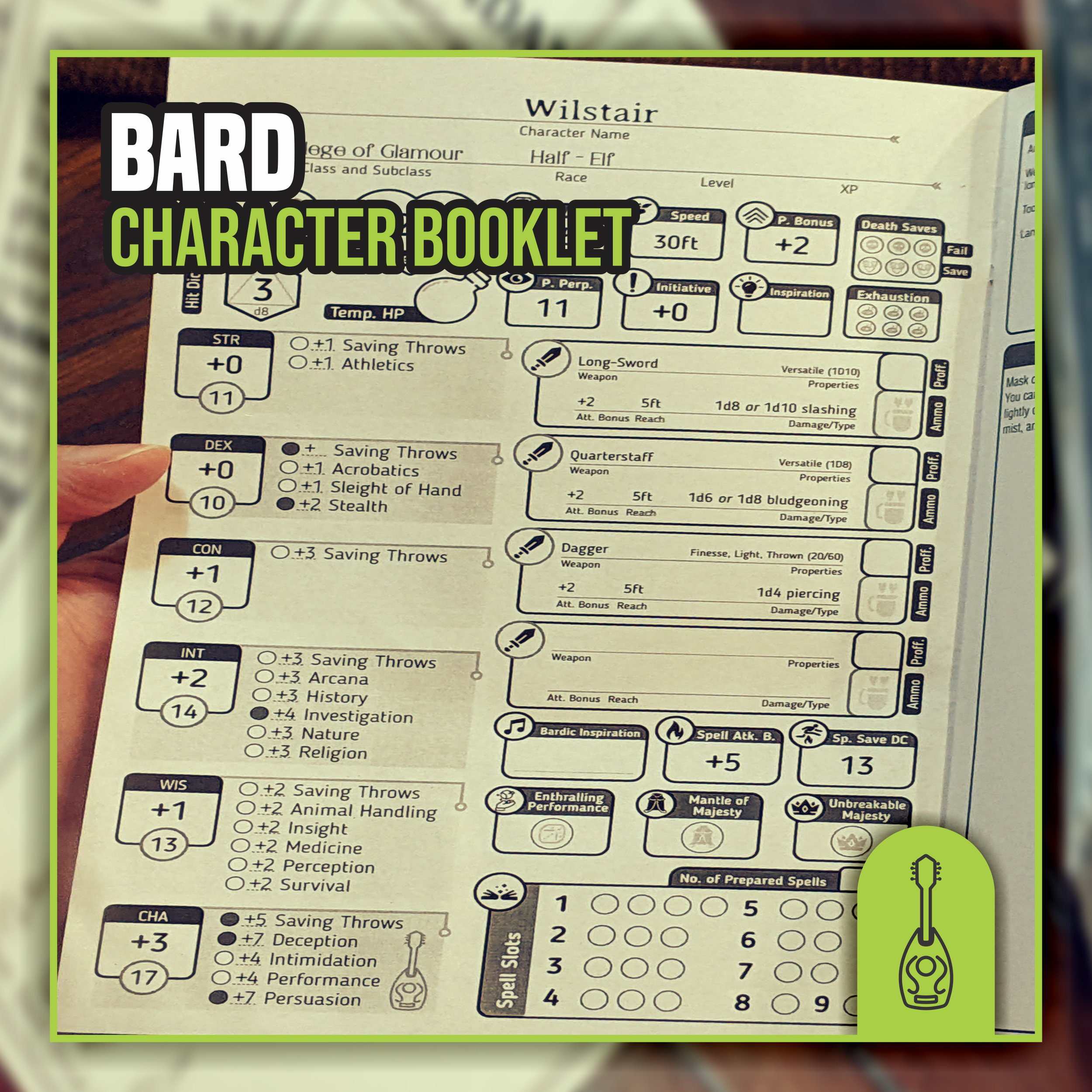 BARD CHARACTER SHEET for DnD 5e | Form Fillable Pdf | Dungeons and ...