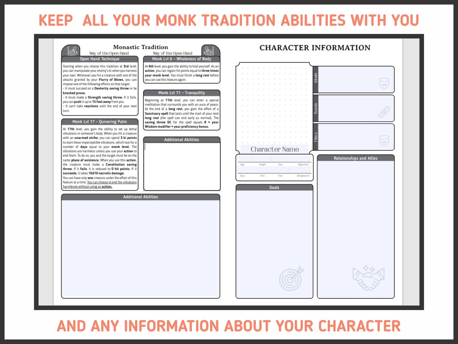 MONK CHARACTER SHEET for Dnd 5e Form Fillable Pdf Dungeons - Etsy