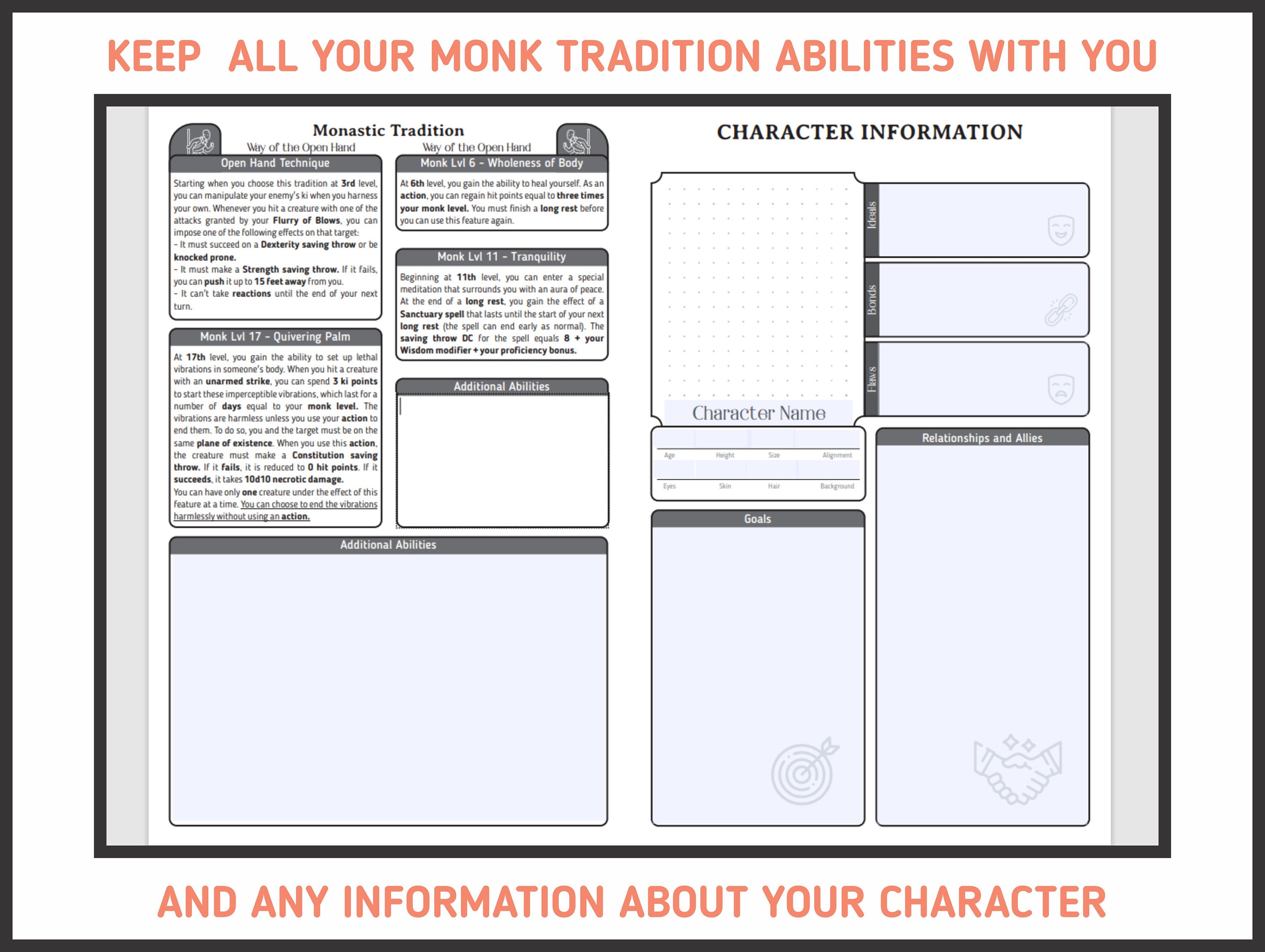 MONK CHARACTER SHEET for DnD 5e | Form Fillable Pdf | Dungeons and ...