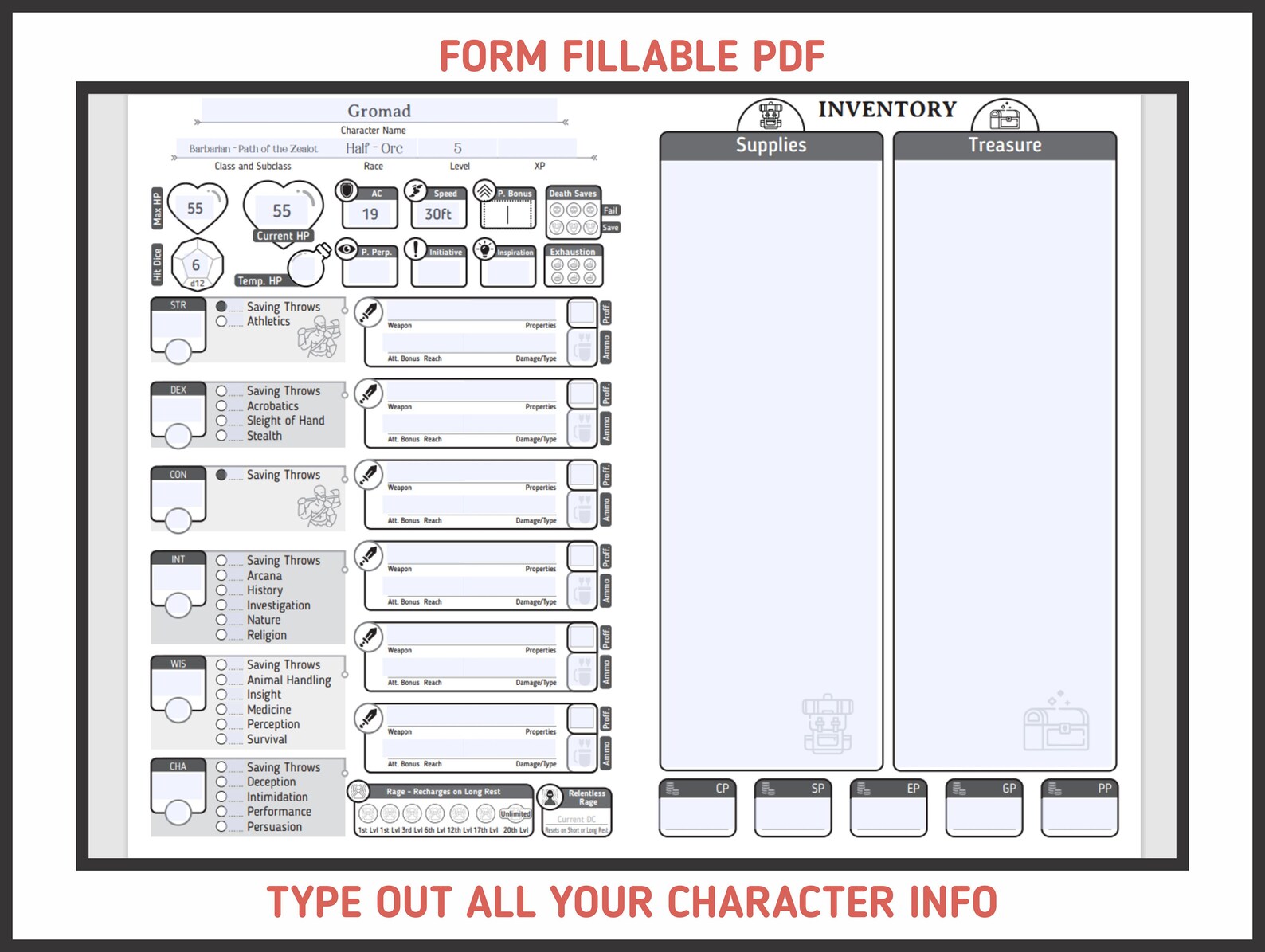 BARBARIAN CHARACTER SHEET for Dnd 5e Form Fillable Pdf - Etsy Hong Kong