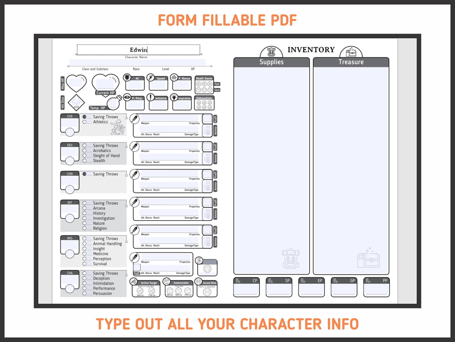 FIGHTER CHARACTER SHEET for Dnd 5e Form Fillable Pdf - Etsy Canada