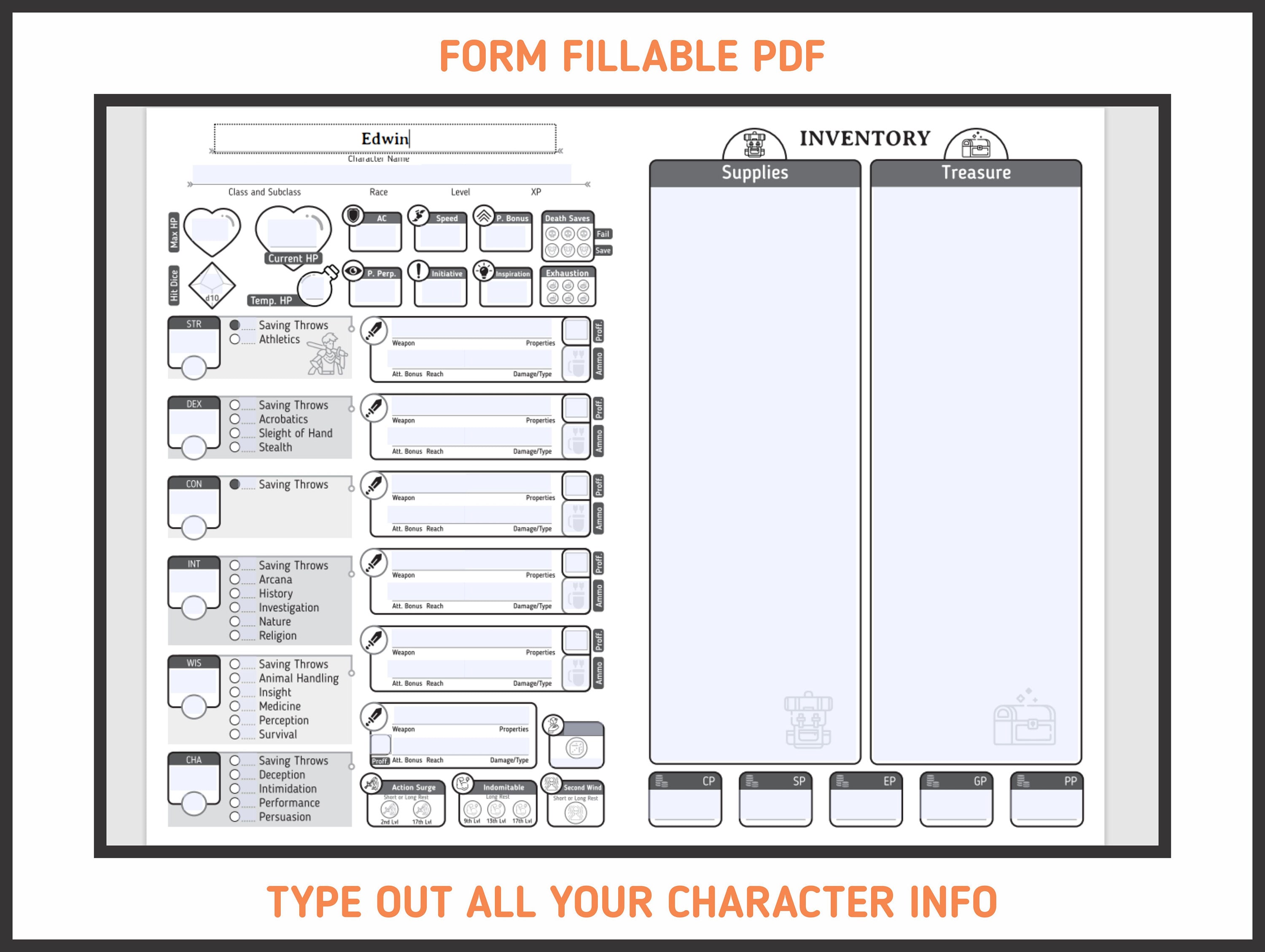 FIGHTER CHARACTER SHEET for DnD 5e | Form Fillable Pdf | Dungeons and ...