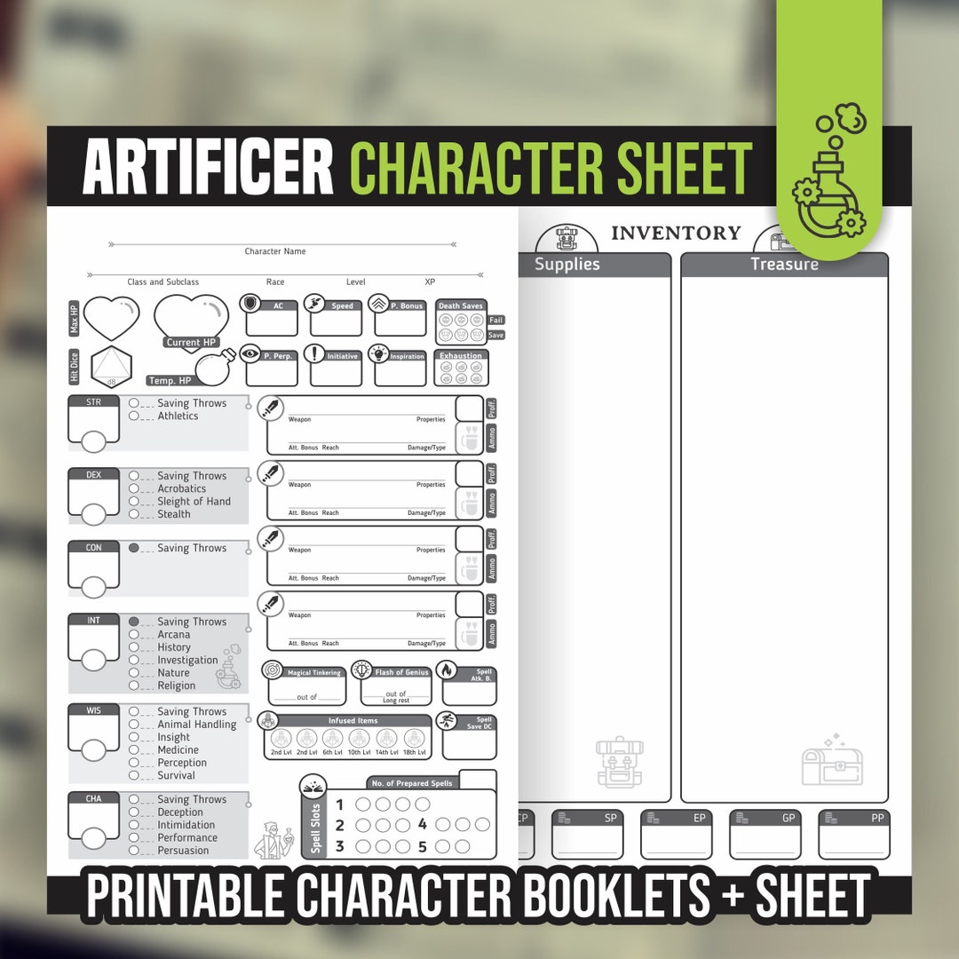 ARTIFICER CHARACTER SHEET for Dnd 5e | Form Fillable Pdf | Dungeons and Dragons | Printable ...
