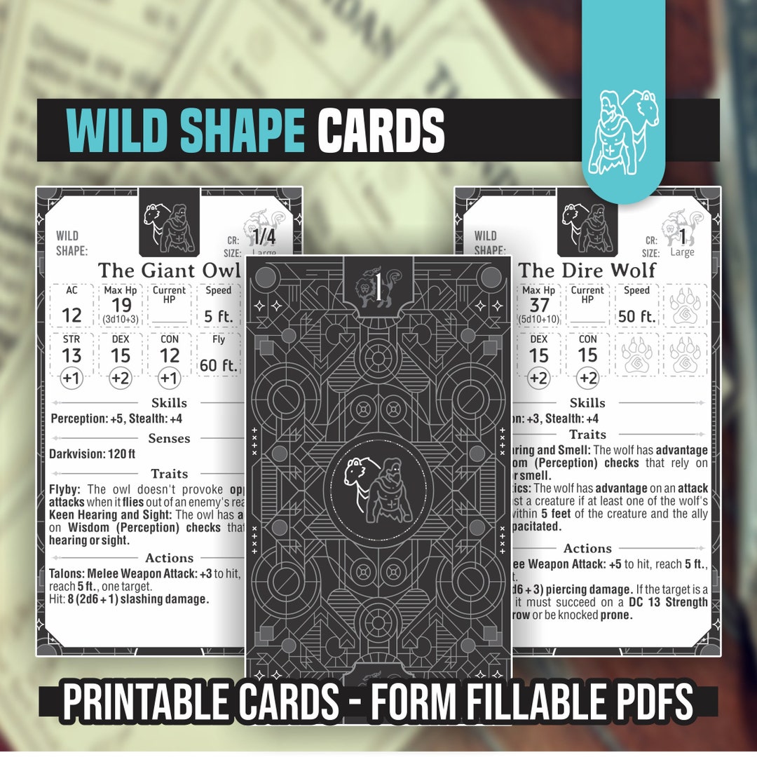 WILD SHAPE CARDS for the Druid Dnd 5e | Form Fillable Pdfs Included | Dungeons and Dragons | D&D ...