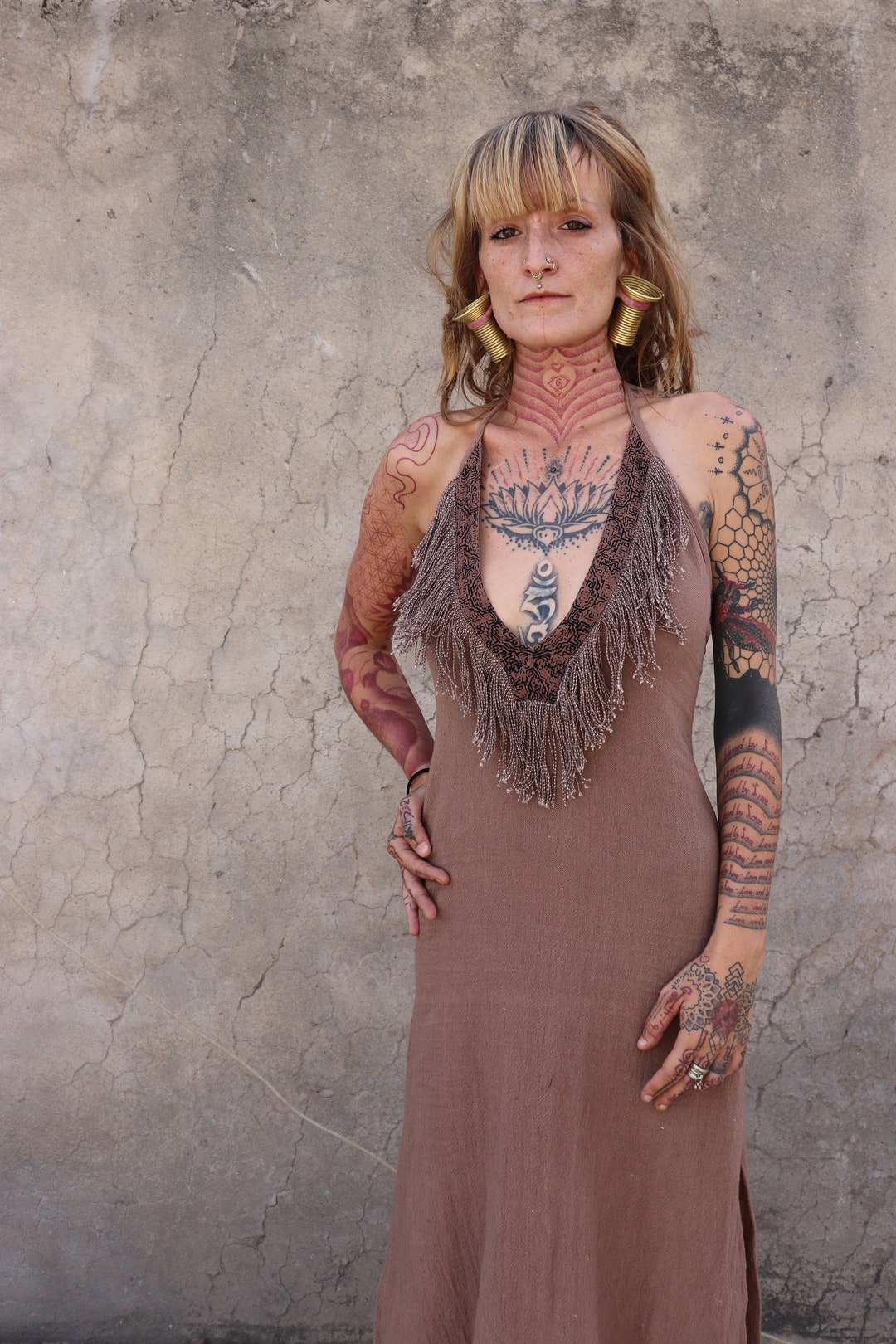 Long Bohemian Halter Dress • Native and Primitive Inspired Fringe Dress ...