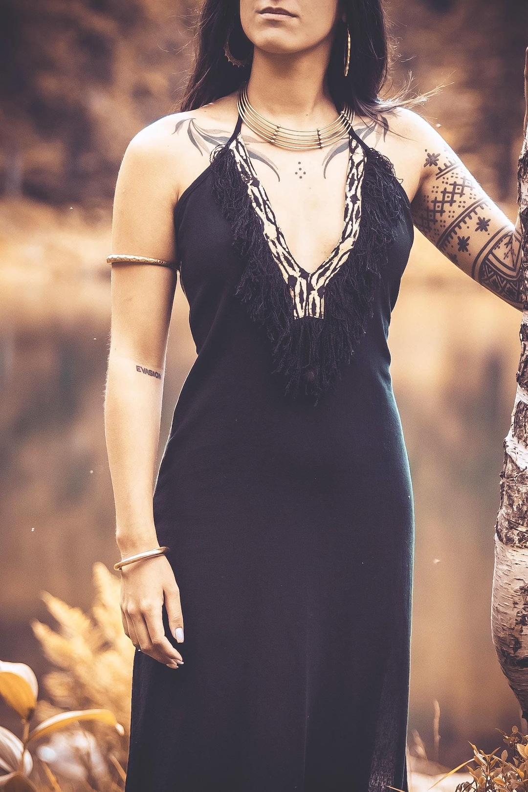 Long Bohemian Halter Dress • Native and Primitive Inspired Fringe Dress ...